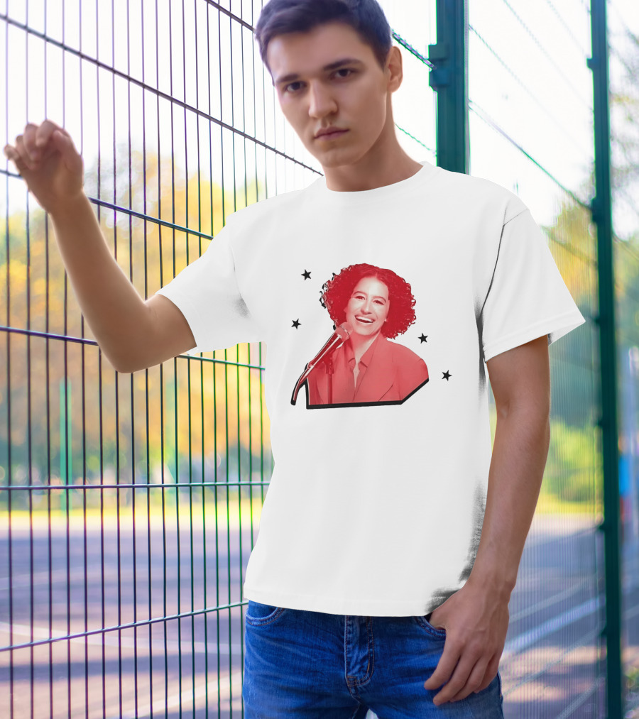 Red Tinted Woman Curly Hair Microphone Black Stars T-Shirt