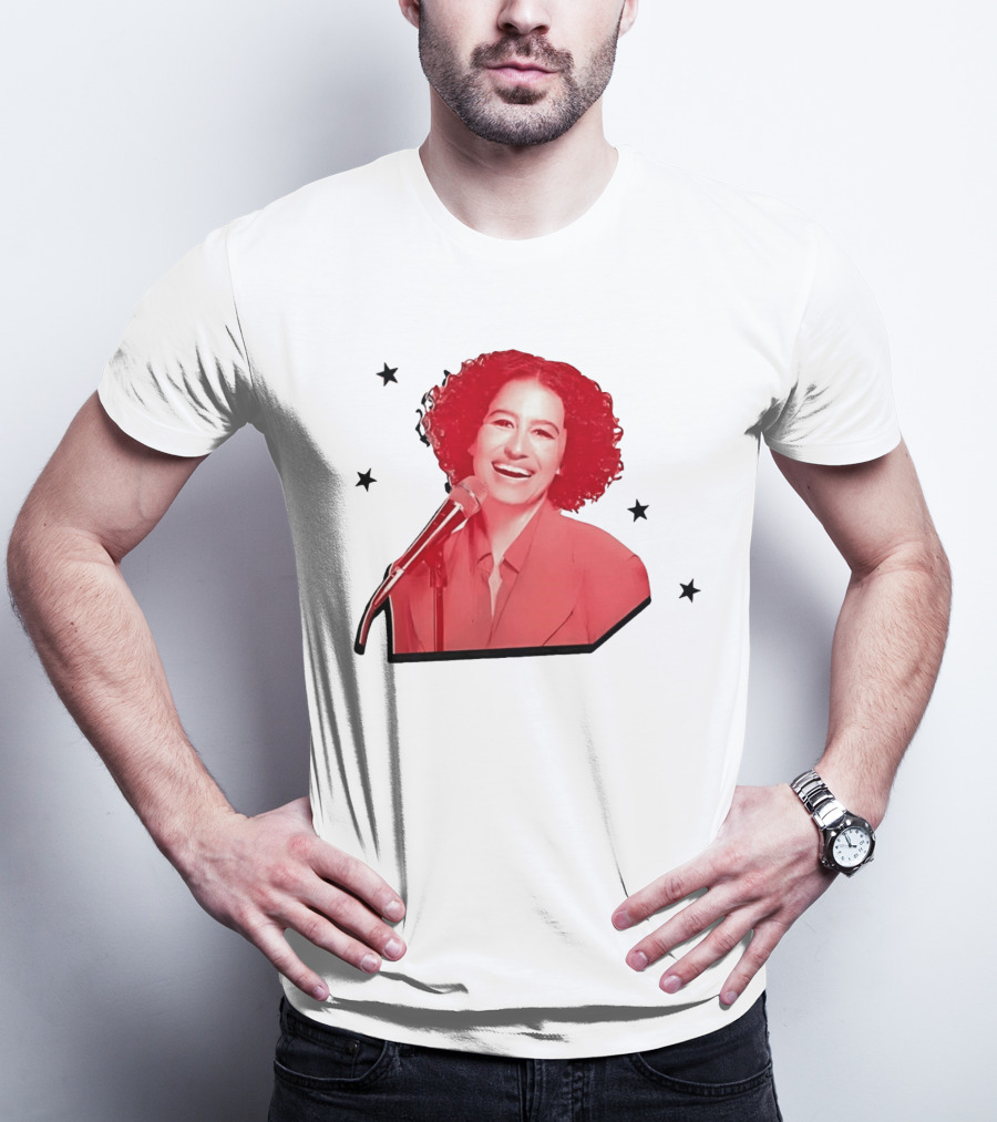 Red Tinted Woman Curly Hair Microphone Black Stars T-Shirt