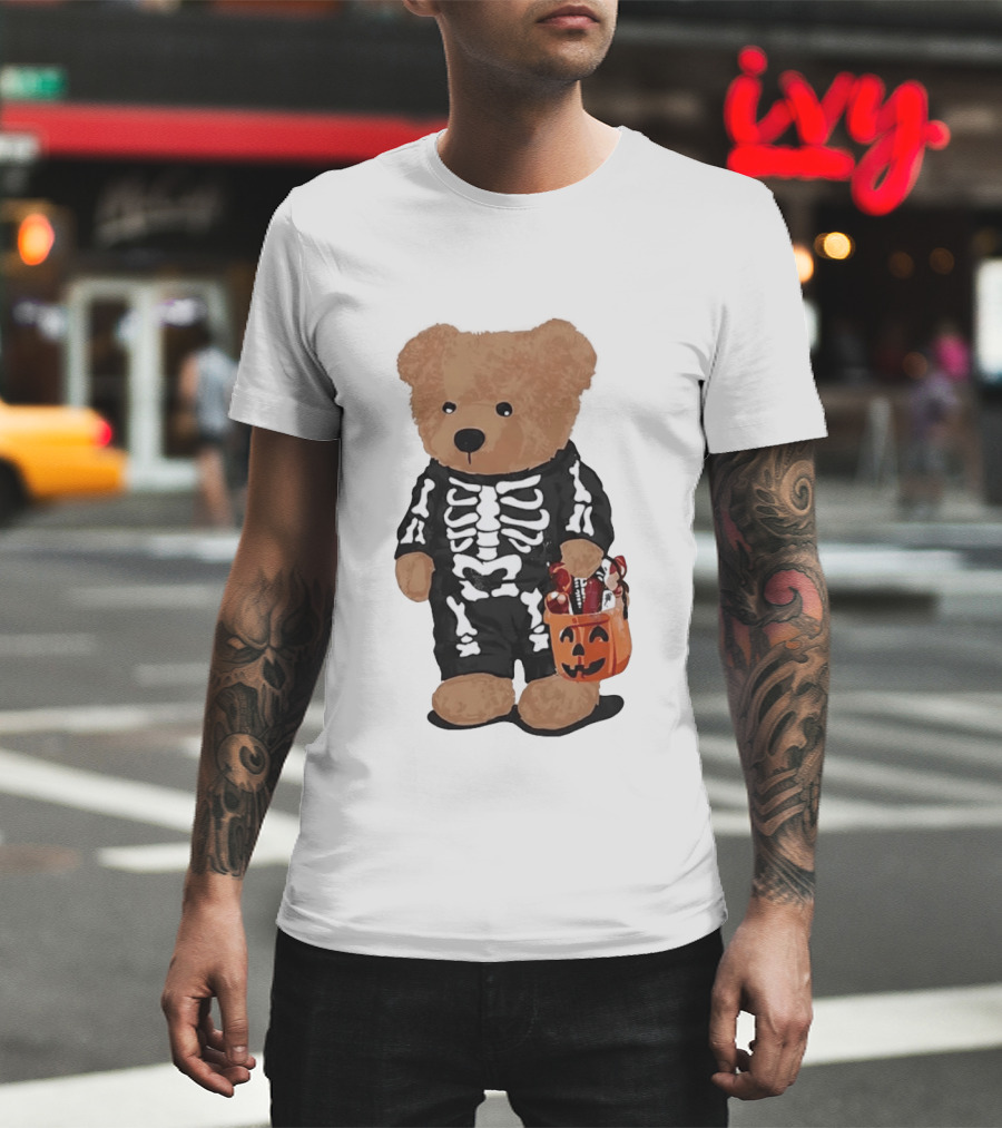 Teddy Bear Skeleton Costume Jack O Lantern Pumpkin Candy Cartoon T-Shirt