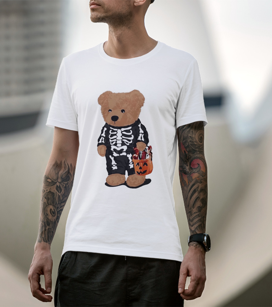 Teddy Bear Skeleton Costume Jack O Lantern Pumpkin Candy Cartoon T-Shirt
