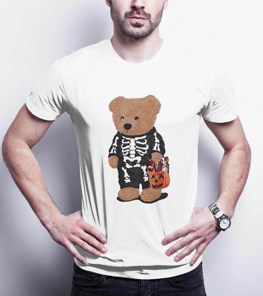 Teddy Bear Skeleton Costume Jack O Lantern Pumpkin Candy Cartoon T-Shirt