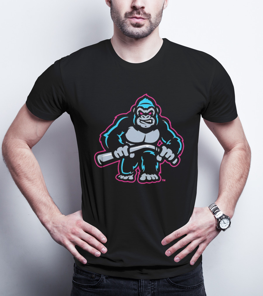 Aggressive Gorilla With Hockey Stick Neon T-Shirt