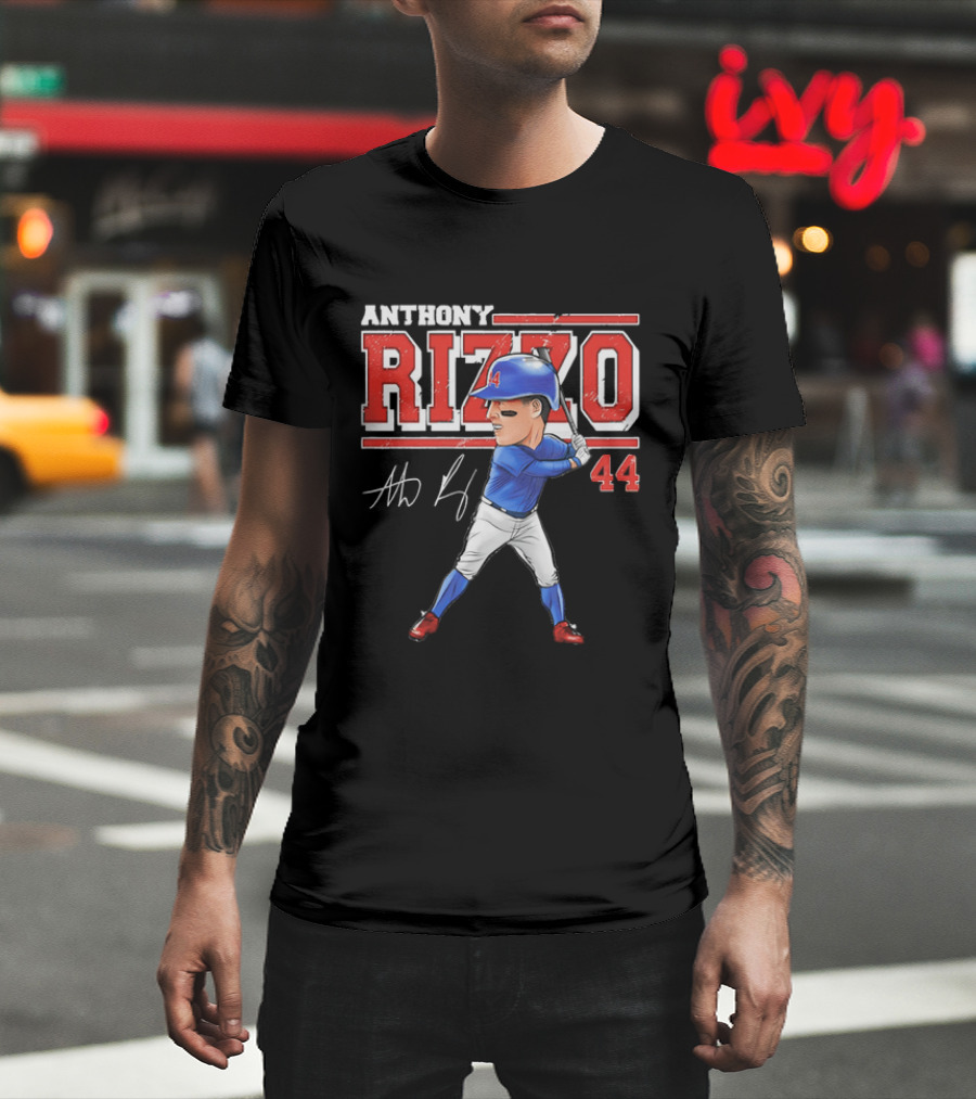 Anthony Rizzo 44 Baseball Player Caricature Batting Stance Distressed Signature T-Shirt
