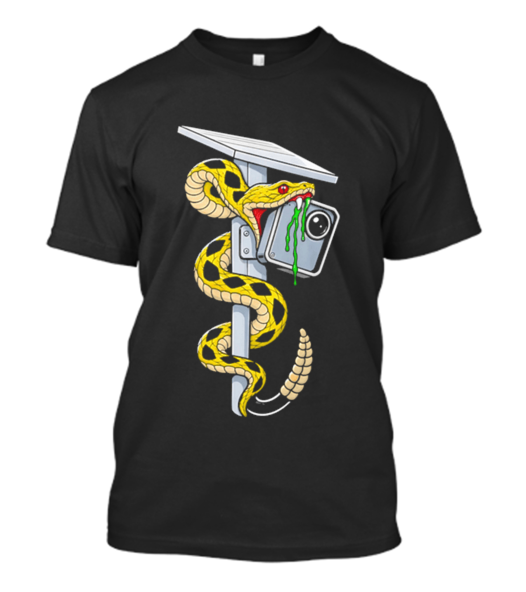 Cartoon Yellow Rattlesnake Biting Security Camera Solar Panel Pole Dripping Venom T-Shirt