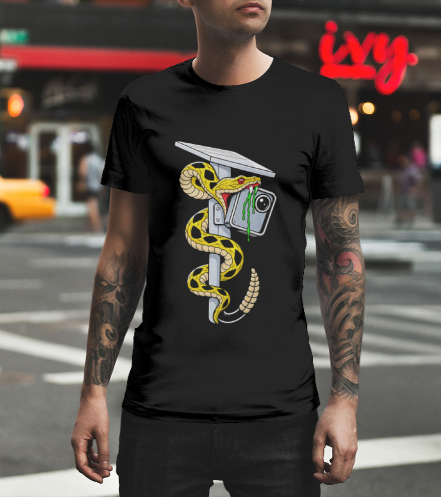 Cartoon Yellow Rattlesnake Biting Security Camera Solar Panel Pole Dripping Venom T-Shirt