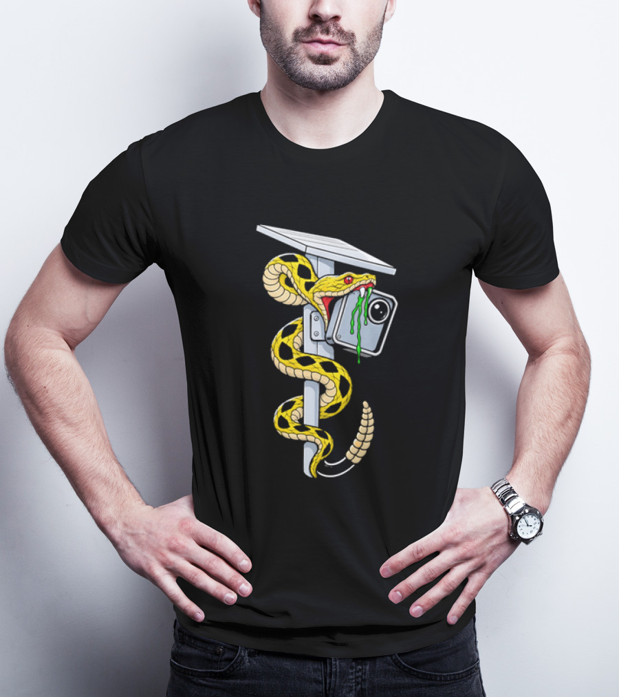 Cartoon Yellow Rattlesnake Biting Security Camera Solar Panel Pole Dripping Venom T-Shirt