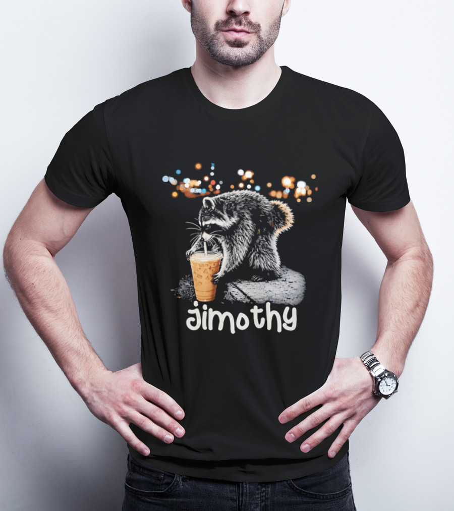 Jimothy Raccoon Sipping Iced Coffee Under Streetlights T-Shirt
