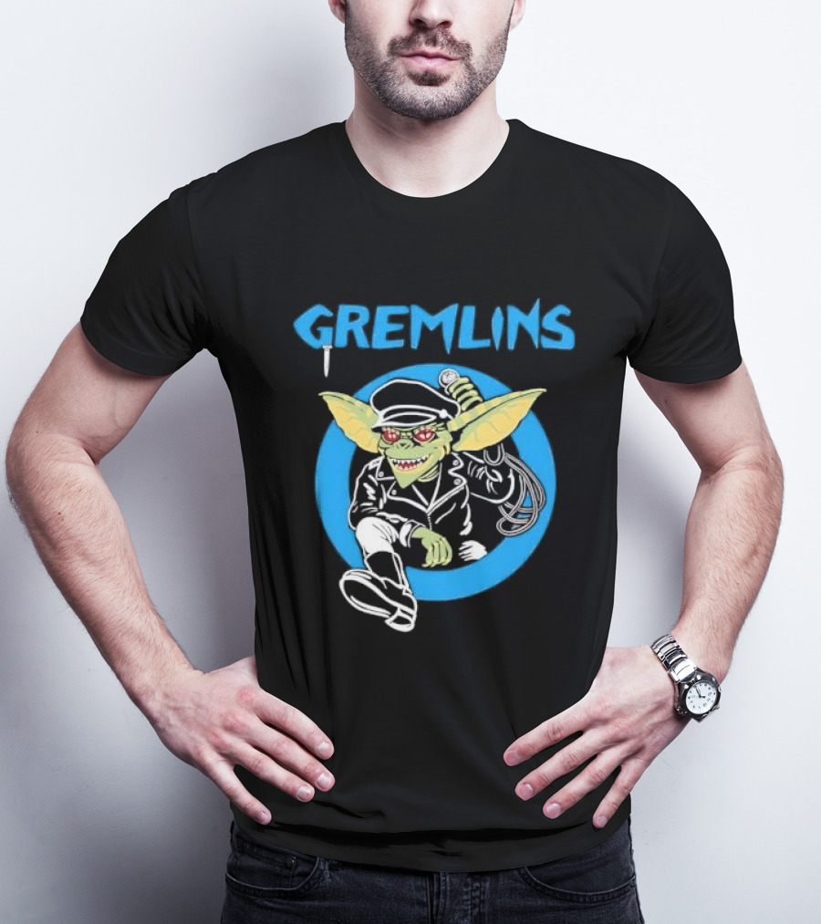 Gremlins Cartoon Leather Biker Gizmo Blue Circle T-Shirt