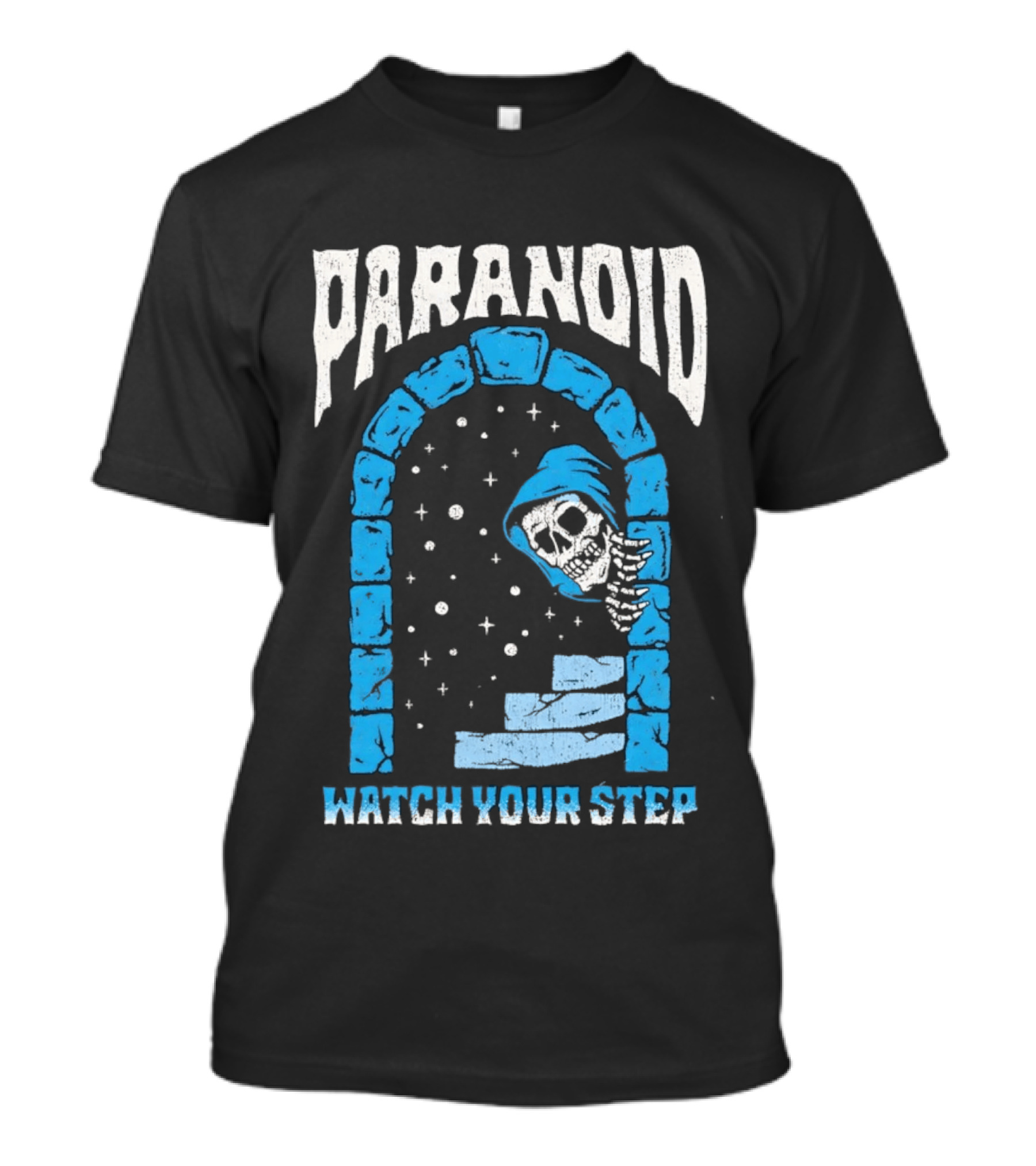 Paranoid Skeleton Peeking Stone Archway Your Step T-Shirt