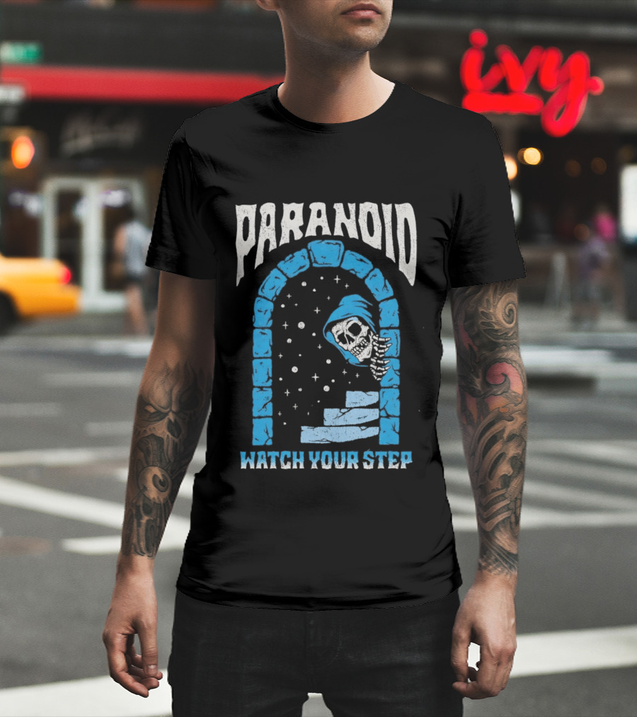 Paranoid Skeleton Peeking Stone Archway Your Step T-Shirt