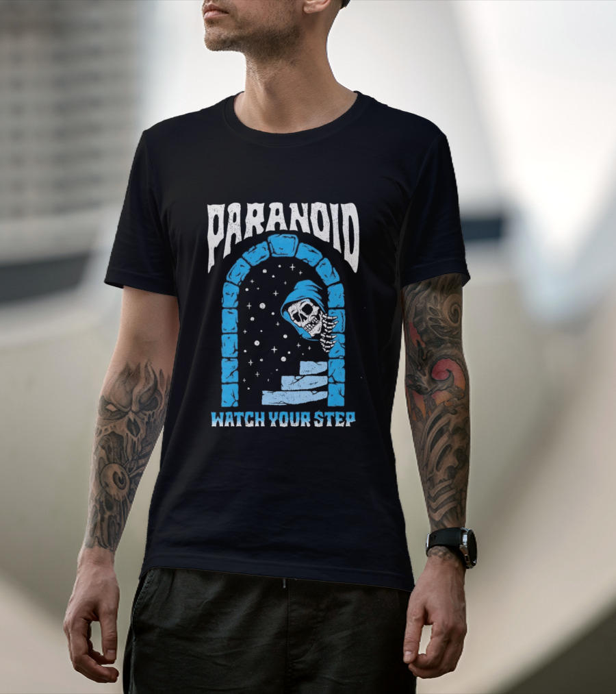Paranoid Skeleton Peeking Stone Archway Your Step T-Shirt