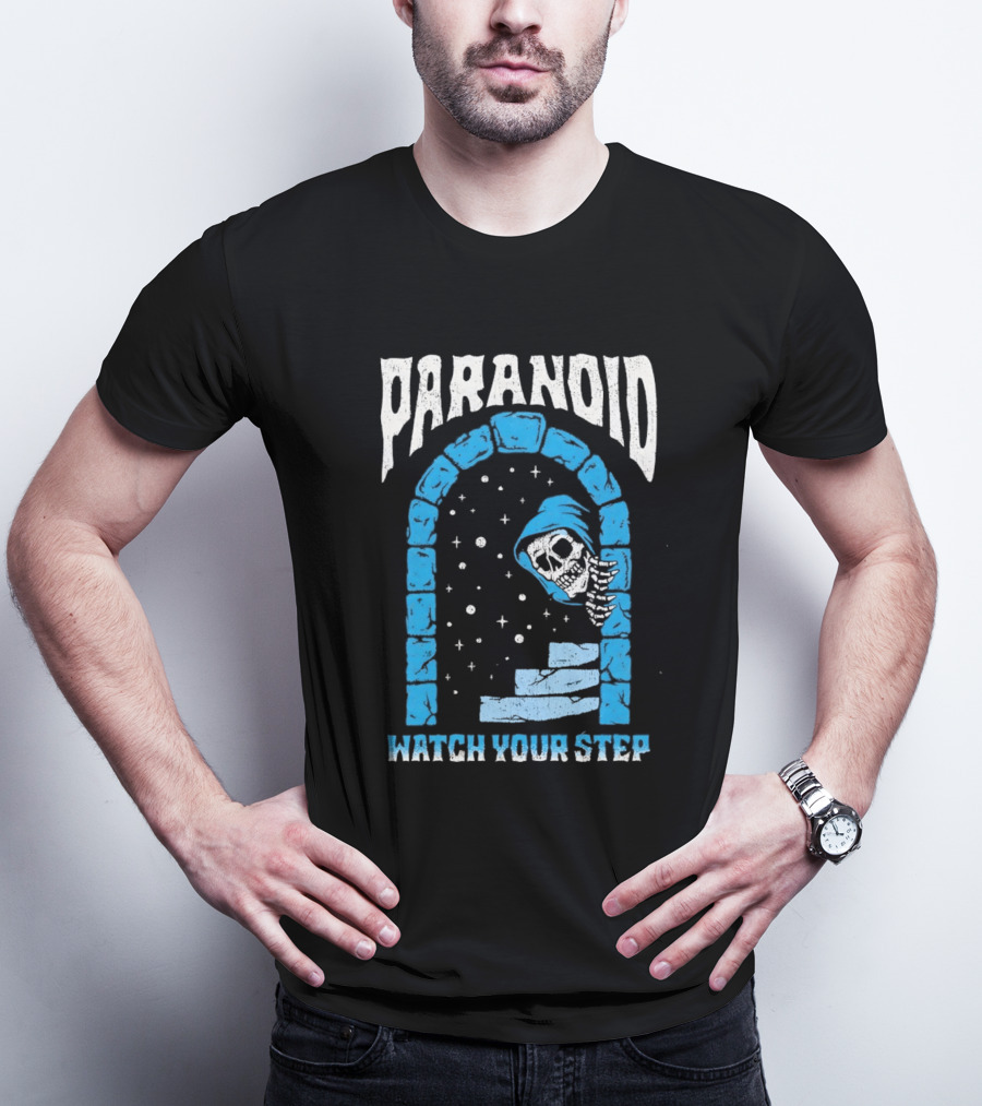 Paranoid Skeleton Peeking Stone Archway Your Step T-Shirt