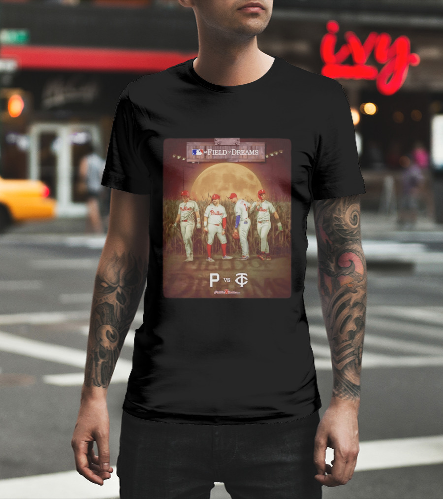 MLB At Field Of Dreams Philadelphia Phillies Vs Minnesota Twins 2026 Moonlit Cornfield Scene T-Shirt