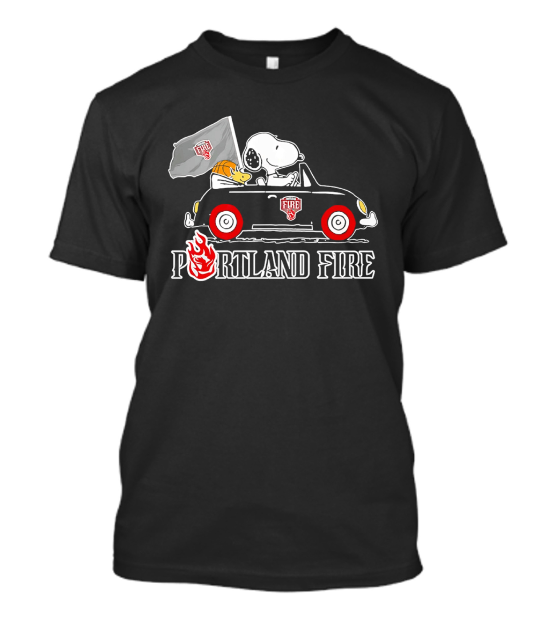 Portland Fire Snoopy And Woodstock Driving Vintage Car With Flag T-Shirt