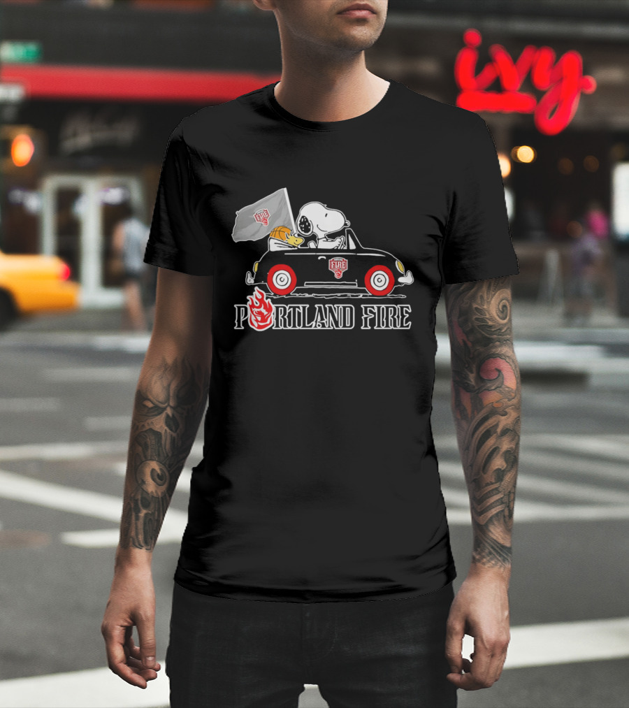 Portland Fire Snoopy And Woodstock Driving Vintage Car With Flag T-Shirt