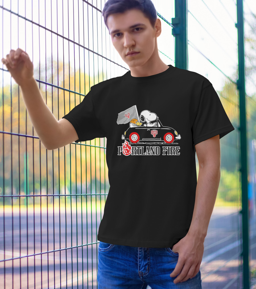 Portland Fire Snoopy And Woodstock Driving Vintage Car With Flag T-Shirt