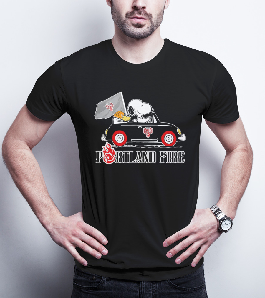 Portland Fire Snoopy And Woodstock Driving Vintage Car With Flag T-Shirt