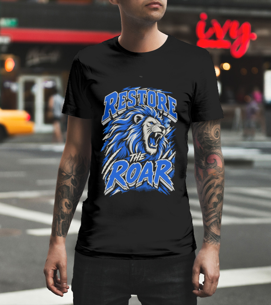 Restore The Roar Blue Lion Head With Halftone Scratch Marks T-Shirt