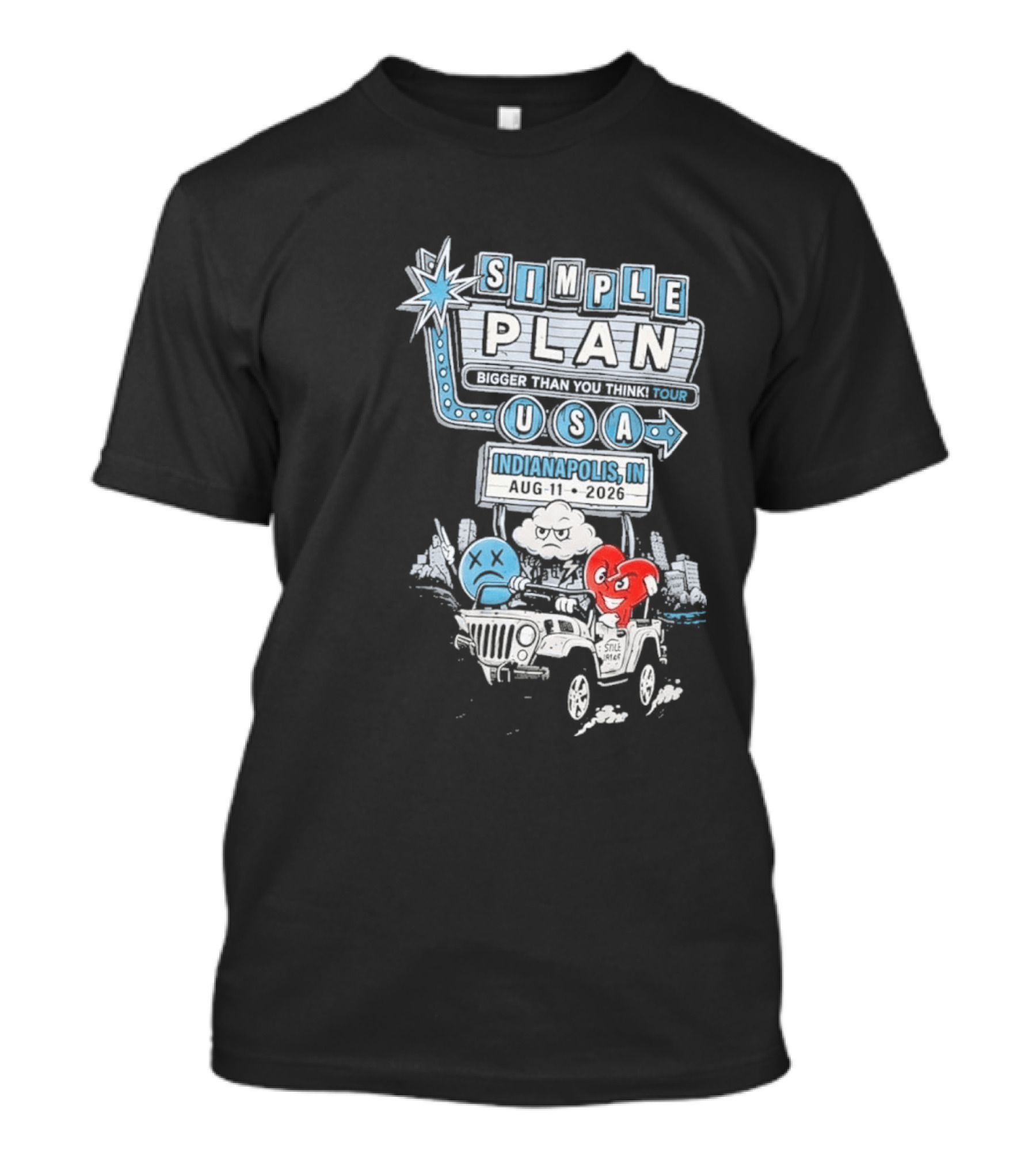 Simple Plan Indianapolis IN 2026 Bigger Than You Think Tour August 11 White River State Park USA Classic Car And Happy Heart T-Shirt