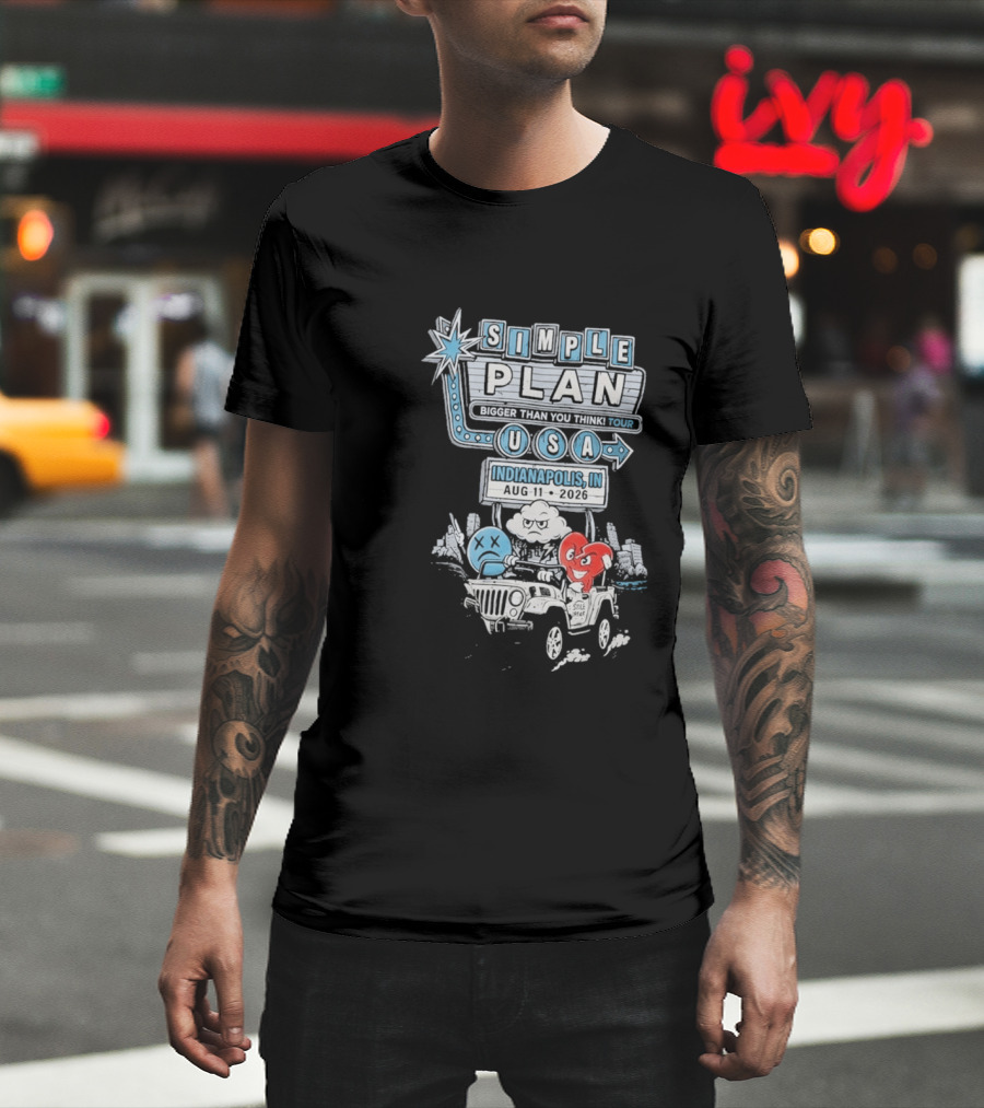 Simple Plan Indianapolis IN 2026 Bigger Than You Think Tour August 11 White River State Park USA Classic Car And Happy Heart T-Shirt