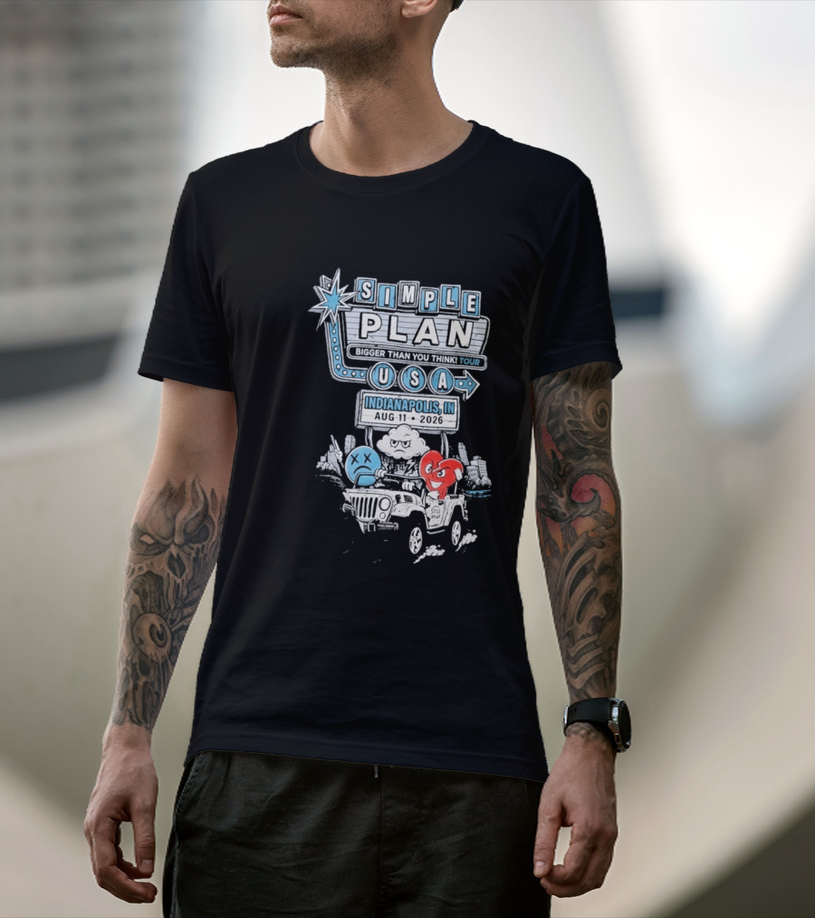 Simple Plan Indianapolis IN 2026 Bigger Than You Think Tour August 11 White River State Park USA Classic Car And Happy Heart T-Shirt
