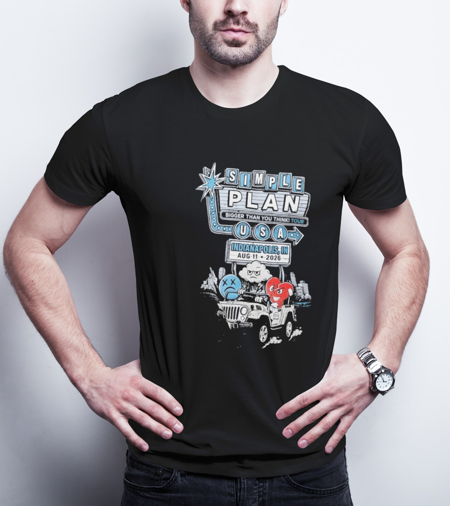 Simple Plan Indianapolis IN 2026 Bigger Than You Think Tour August 11 White River State Park USA Classic Car And Happy Heart T-Shirt