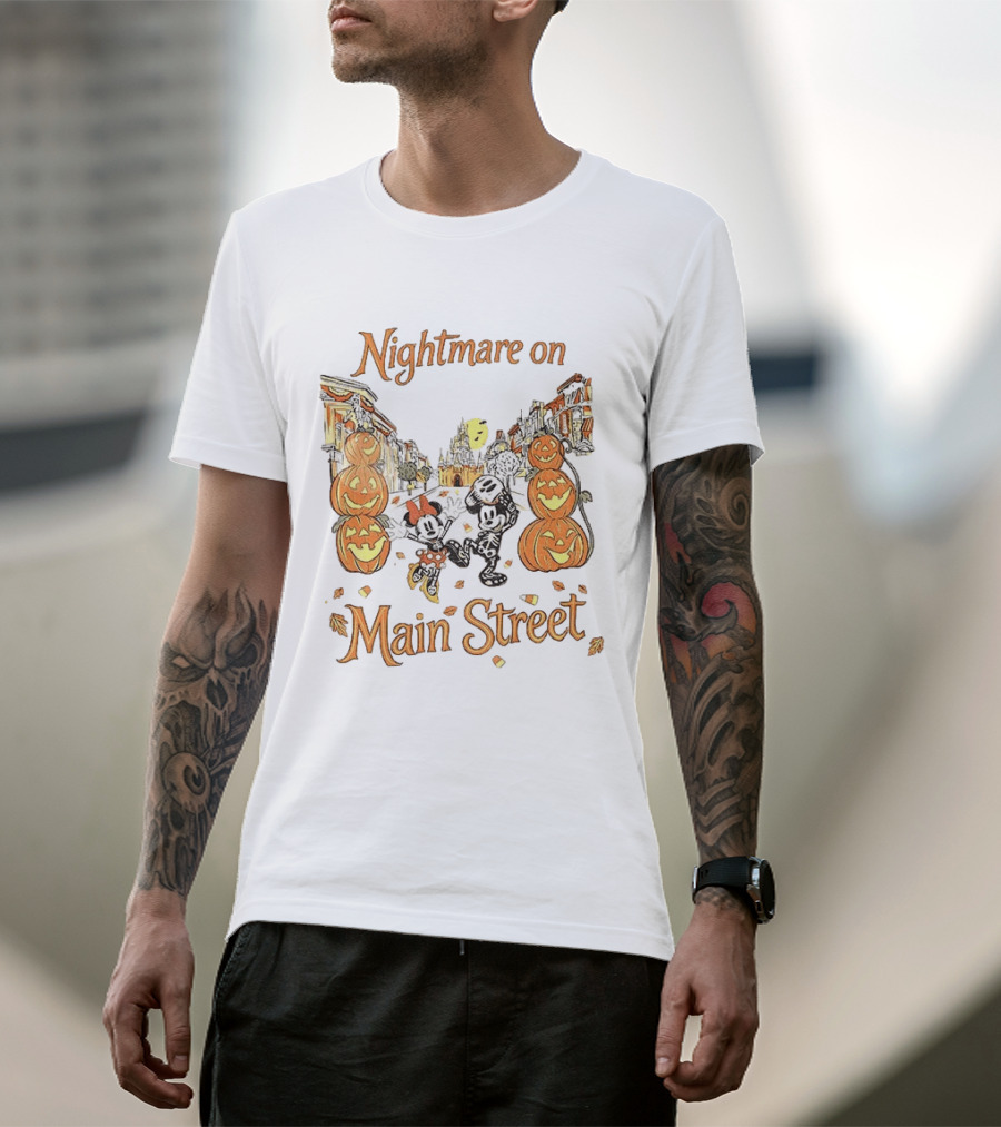 Disney Mickey And Minnie Mouse Halloween Nightmare On Main Street Pumpkins Autumn Fall T-Shirt