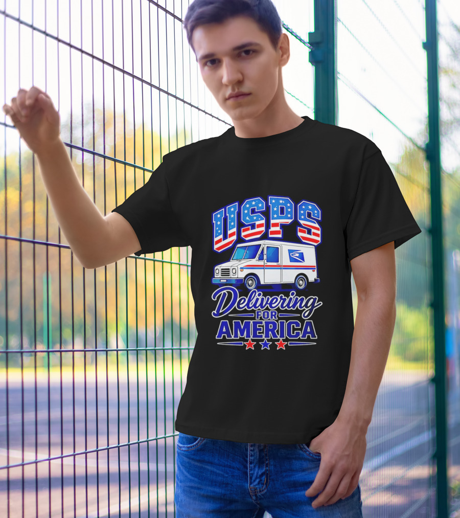 USPS Delivering For America Mail Truck Patriotic Stars And Stripes T-Shirt