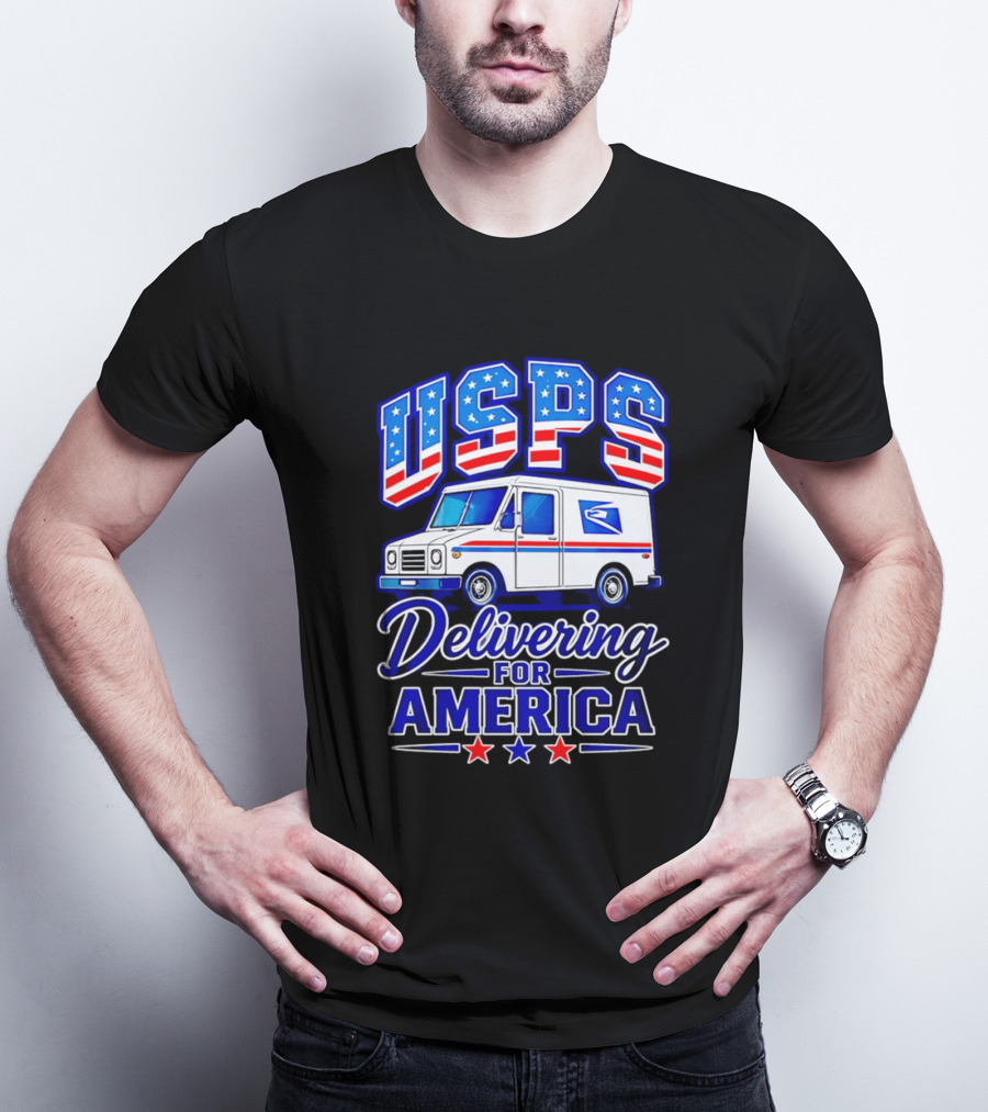 USPS Delivering For America Mail Truck Patriotic Stars And Stripes T-Shirt