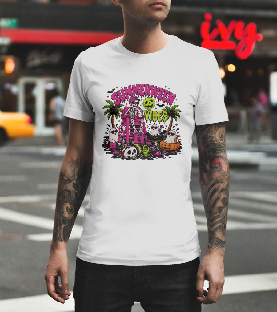 Summerween Vibes Halloween Skeleton Beach Party 2026 T-Shirt