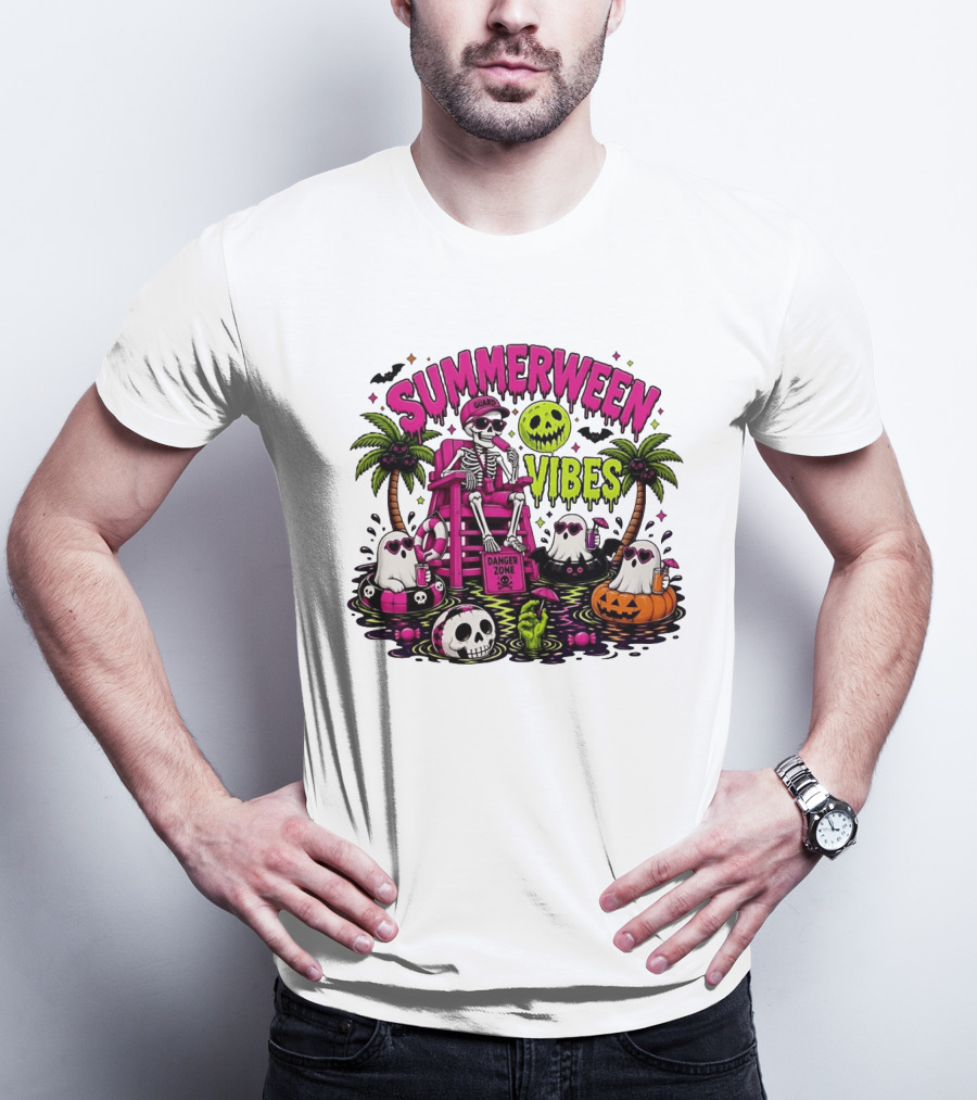 Summerween Vibes Halloween Skeleton Beach Party 2026 T-Shirt