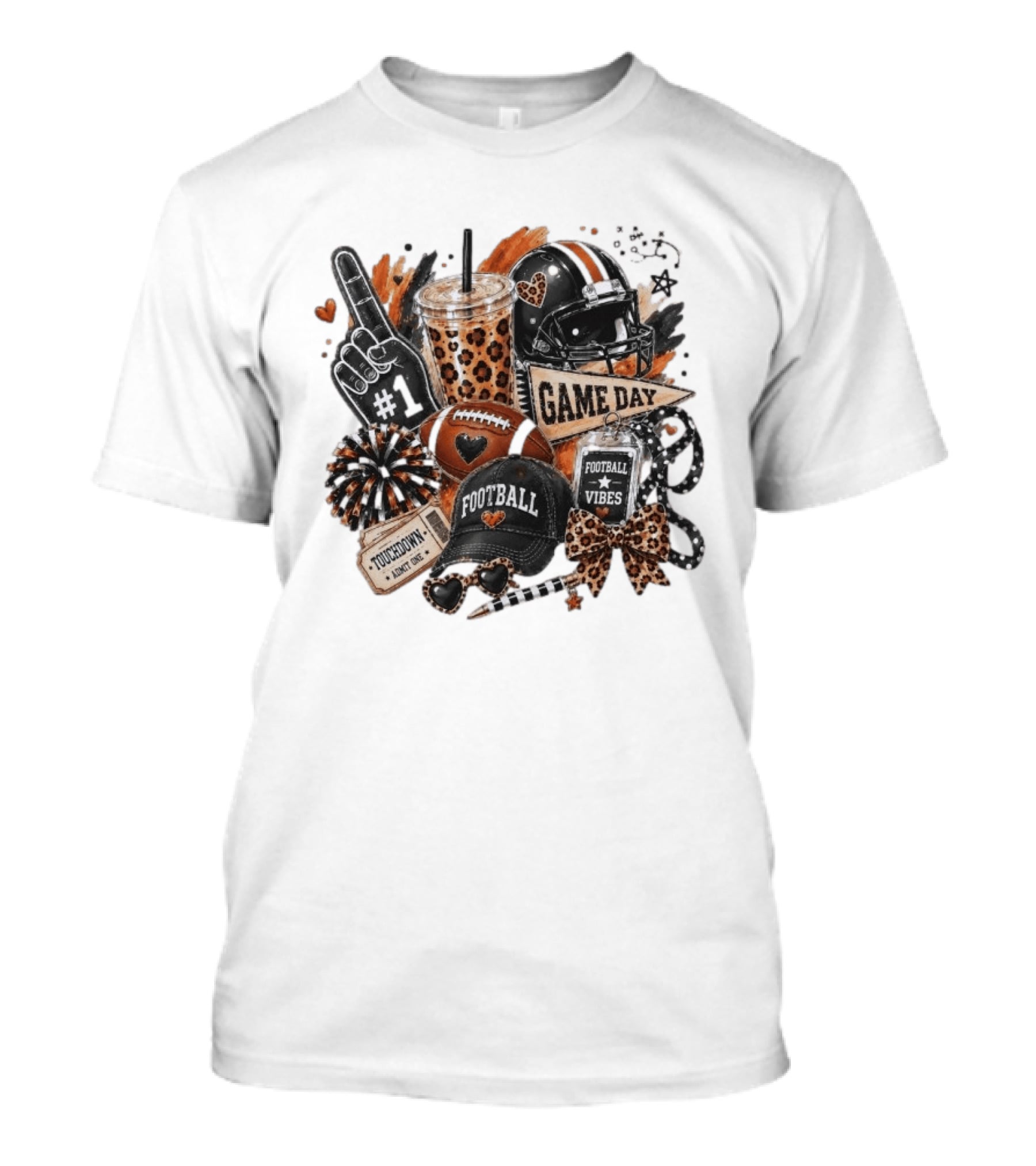 Leopard Game Day Football Touchdown Vibes #1 Fan Helmet Pom Pom Bow T-Shirt