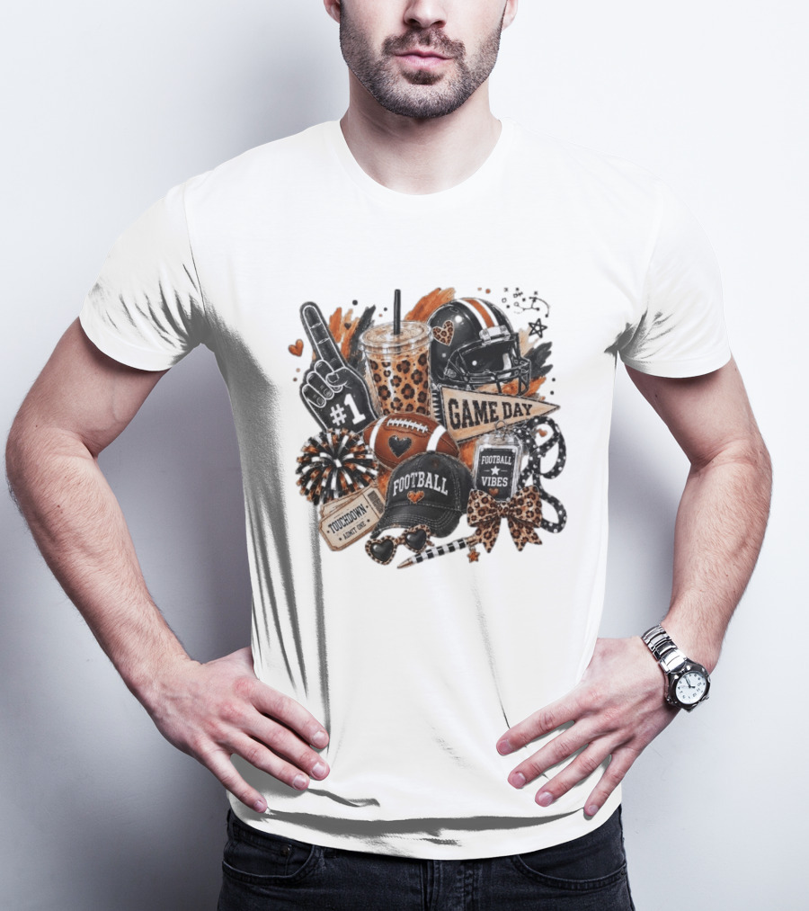 Leopard Game Day Football Touchdown Vibes #1 Fan Helmet Pom Pom Bow T-Shirt