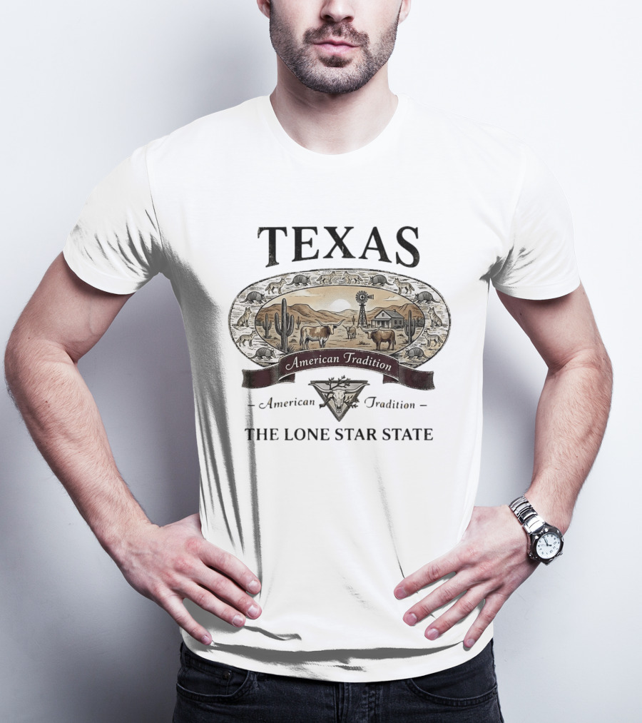 Texas American Tradition The Lone Star State Armadillo Longhorn Desert Scene T-Shirt
