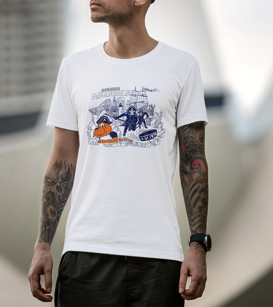 Milwaukee Admirals Roscoe Est 1970 Hockey Mascot And Cityscape T-Shirt