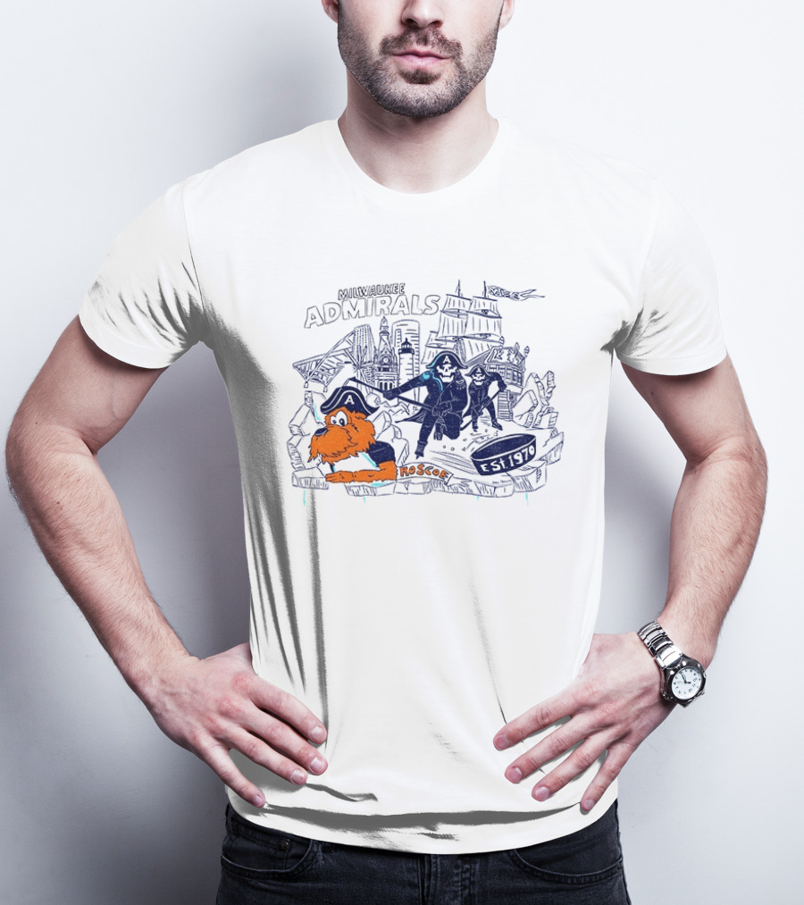 Milwaukee Admirals Roscoe Est 1970 Hockey Mascot And Cityscape T-Shirt