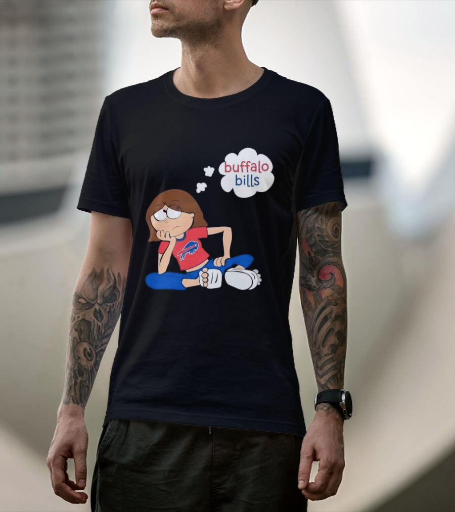 Buffalo Bills Cartoon Thoughtful Girl In Red And Blue Outfit T-Shirt