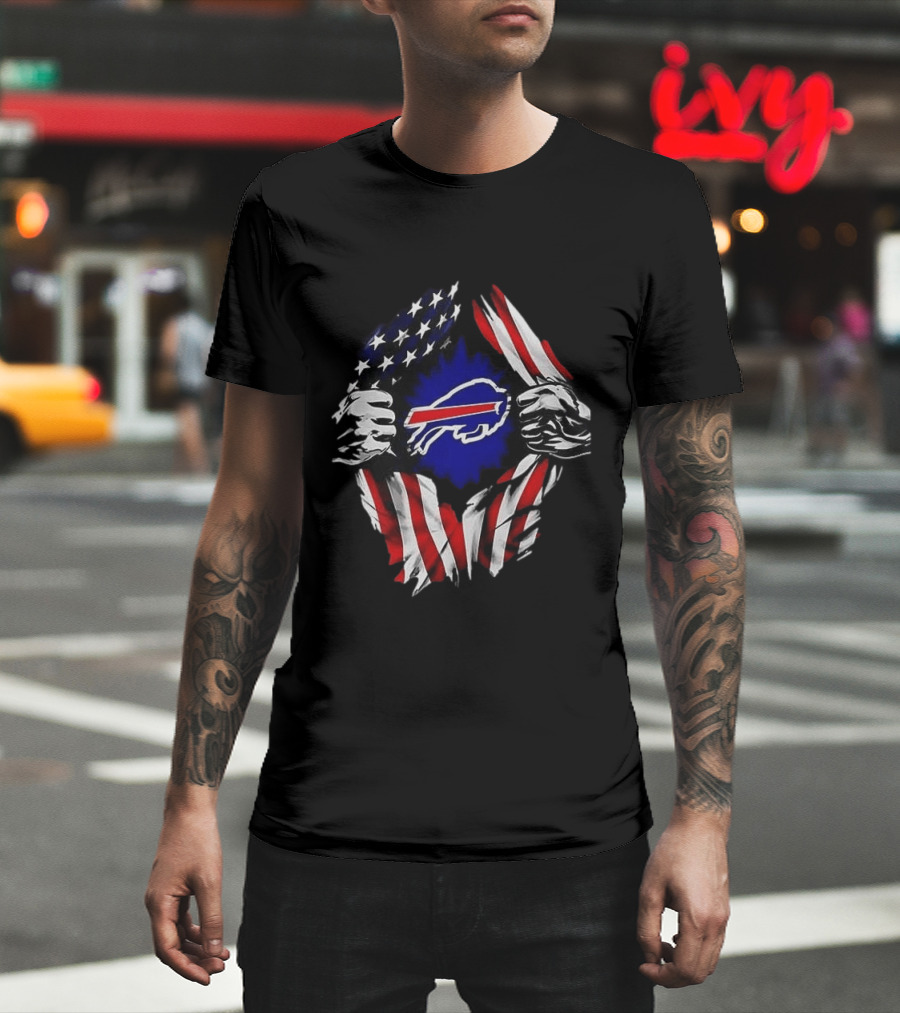 Buffalo Bills Superman Skull Cap Backwards American Flag Rip T-Shirt
