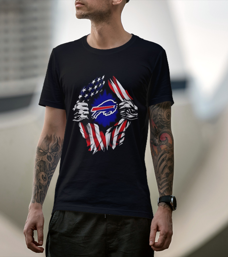 Buffalo Bills Superman Skull Cap Backwards American Flag Rip T-Shirt