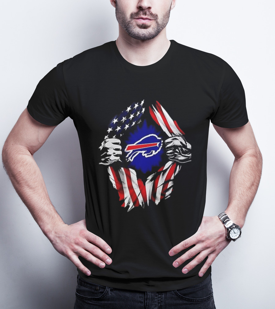 Buffalo Bills Superman Skull Cap Backwards American Flag Rip T-Shirt