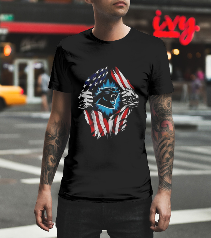 Carolina Panthers Super Man Skull Cap Backwards American Flag Panthers T-Shirt