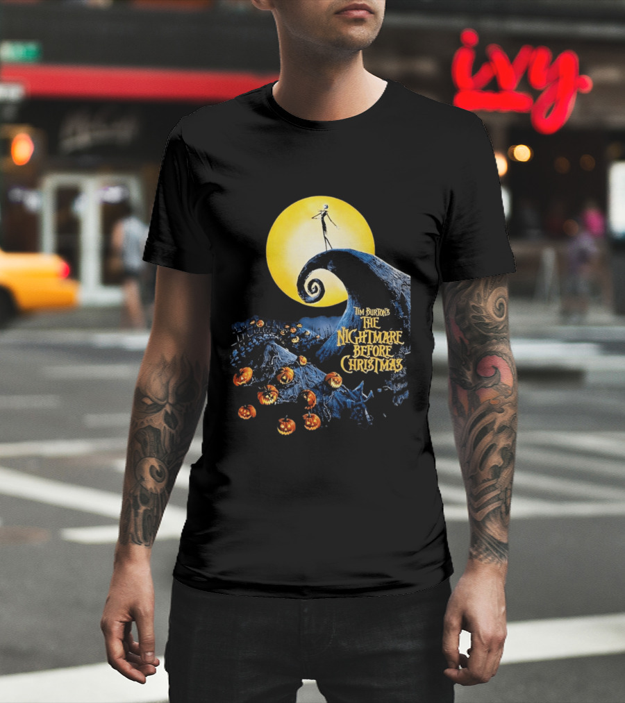 Tim Burton's The Nightmare Before Christmas Jack Skellington Moon Scene With Pumpkins T-Shirt