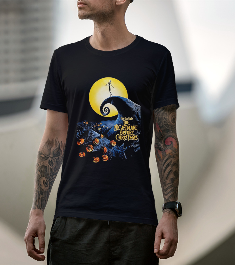 Tim Burton's The Nightmare Before Christmas Jack Skellington Moon Scene With Pumpkins T-Shirt