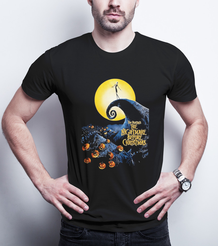 Tim Burton's The Nightmare Before Christmas Jack Skellington Moon Scene With Pumpkins T-Shirt