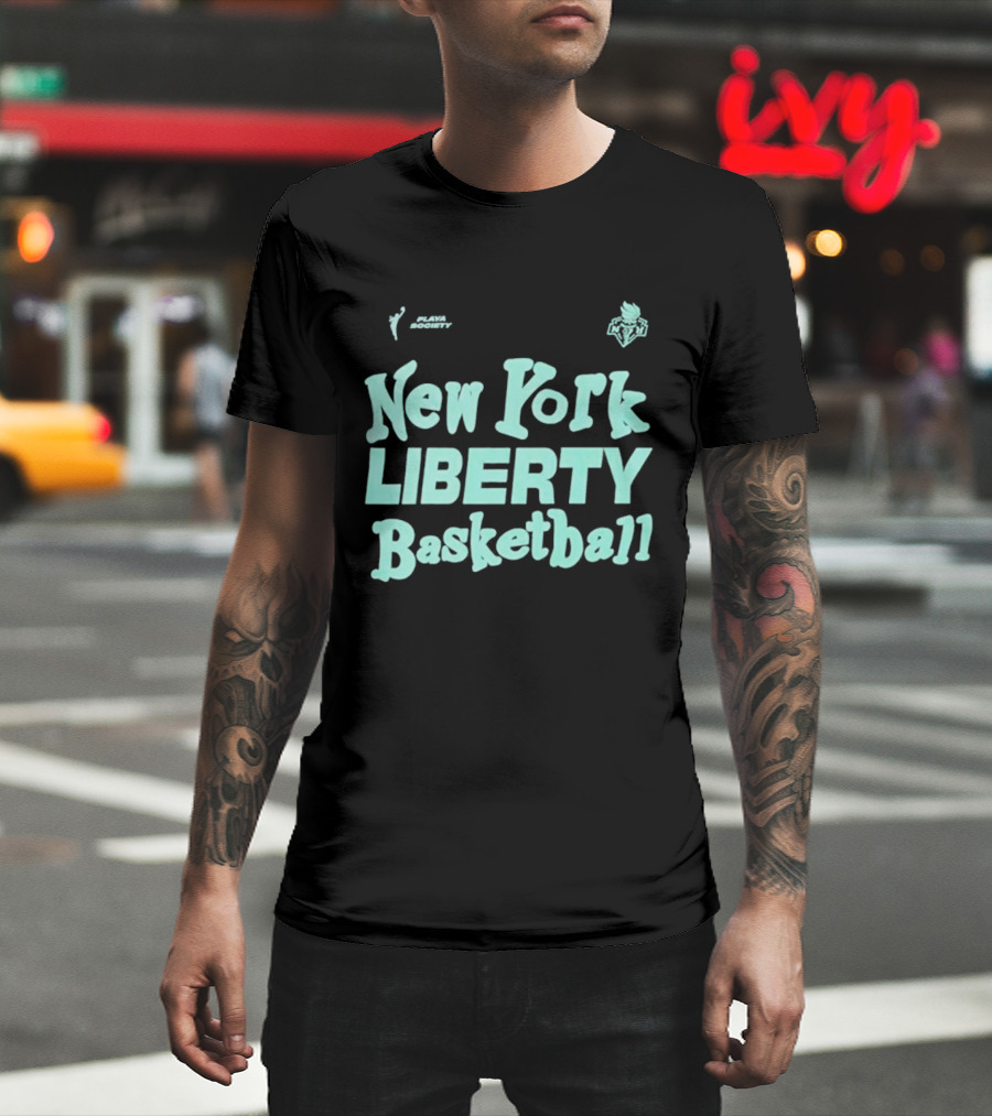 Jason Sudeikis Playa Society New York Liberty Basketball Wordmark T-Shirt