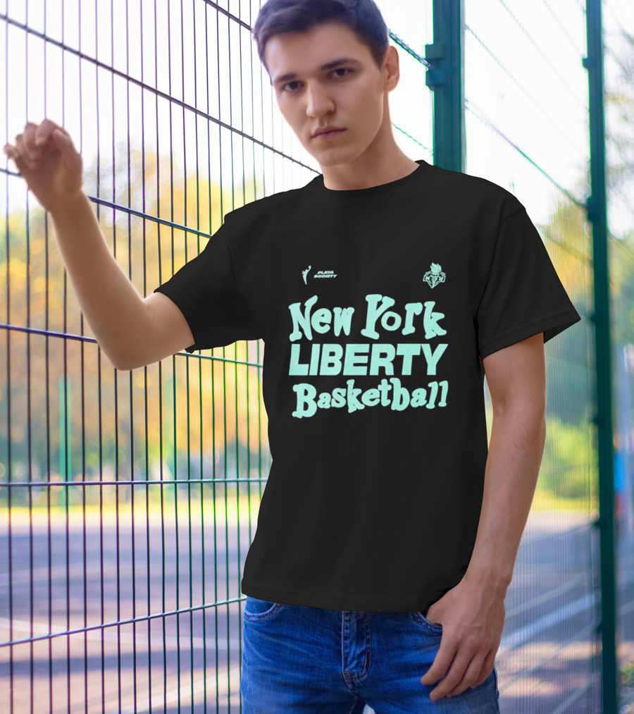 Jason Sudeikis Playa Society New York Liberty Basketball Wordmark T-Shirt