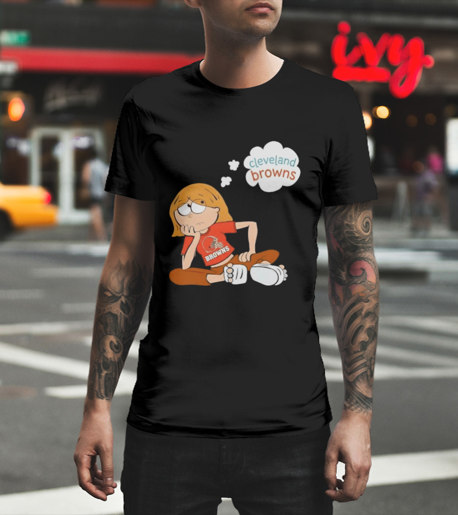 Cleveland Browns Cartoon Girl Sitting With Thought Bubble T-Shirt
