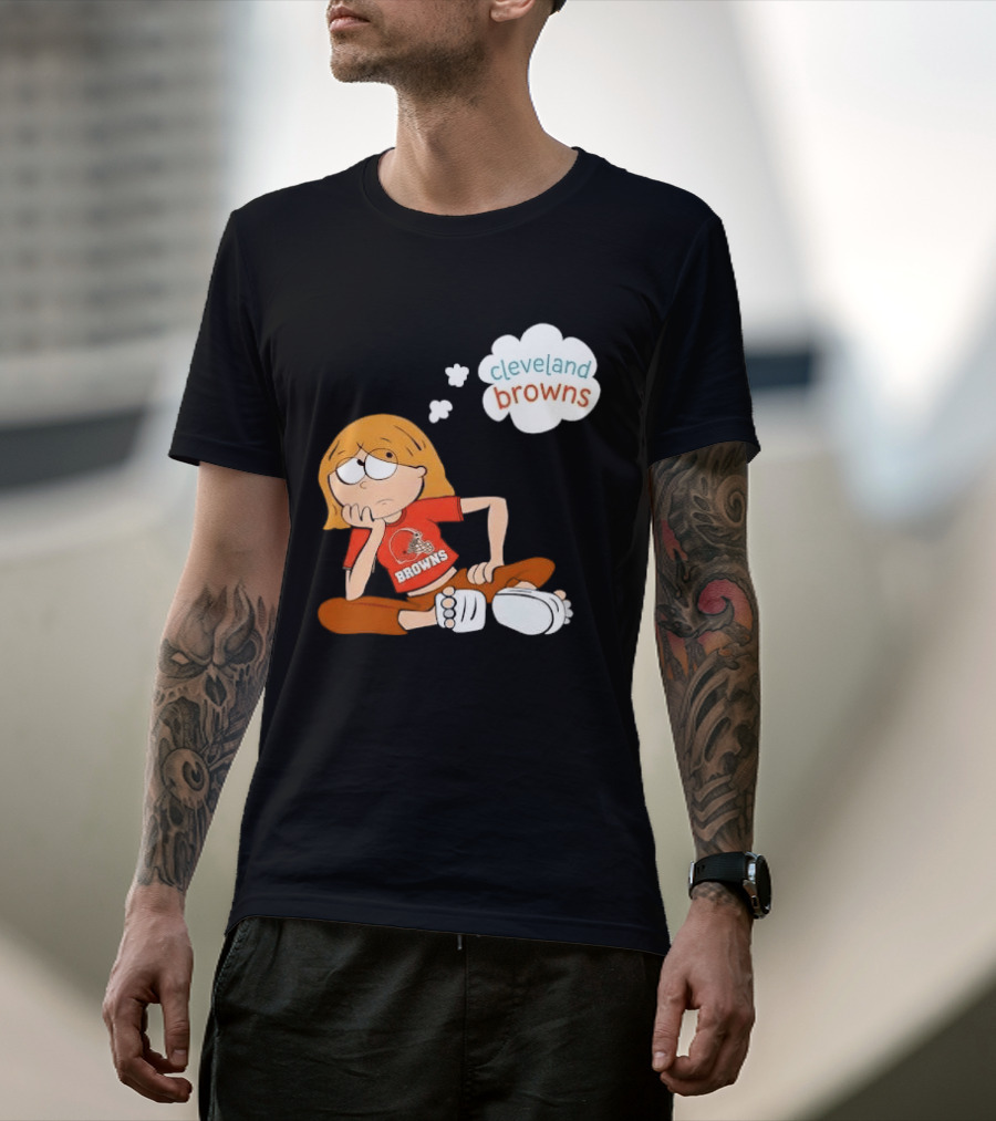 Cleveland Browns Cartoon Girl Sitting With Thought Bubble T-Shirt