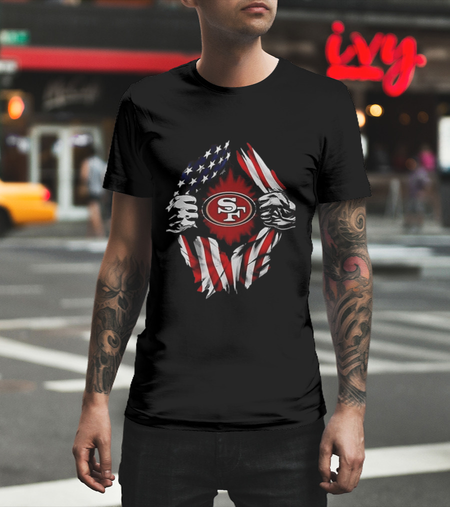 San Francisco 49ers Logo With American Flag And Superman Twist T-Shirt
