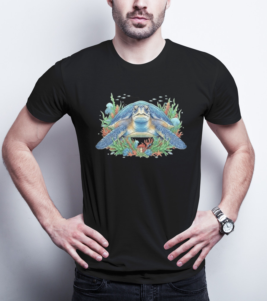 Sea Turtle With Coral Reef Red Mushroom And Starfish Underwater Scene T-Shirt